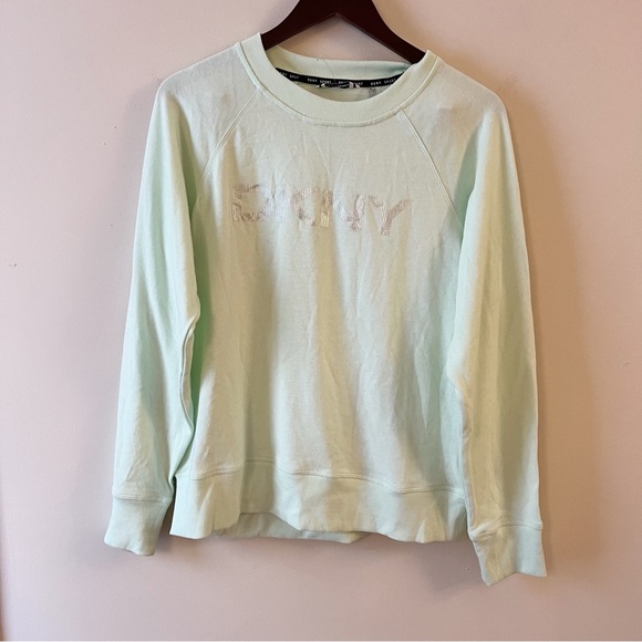 Dkny | Tops | Dkny Mint Green Round Neck Logo Metallic Pullover ...